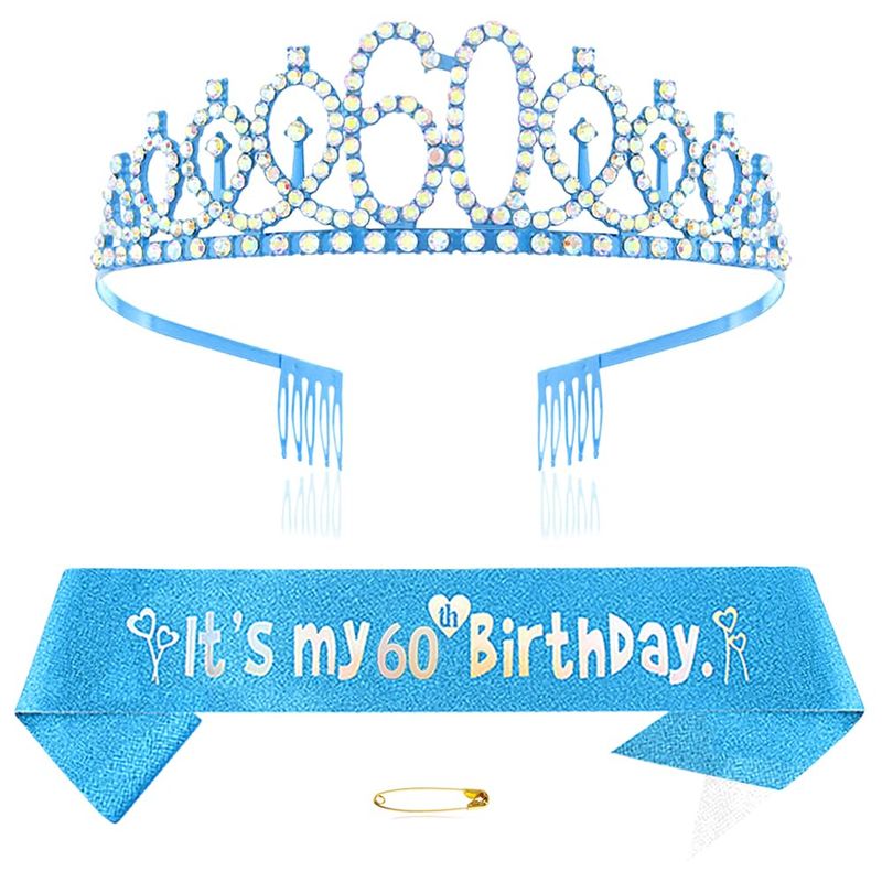 Blue 60th Birthday Tiara Sash for Girls Princess Crown Crystal Queen ...