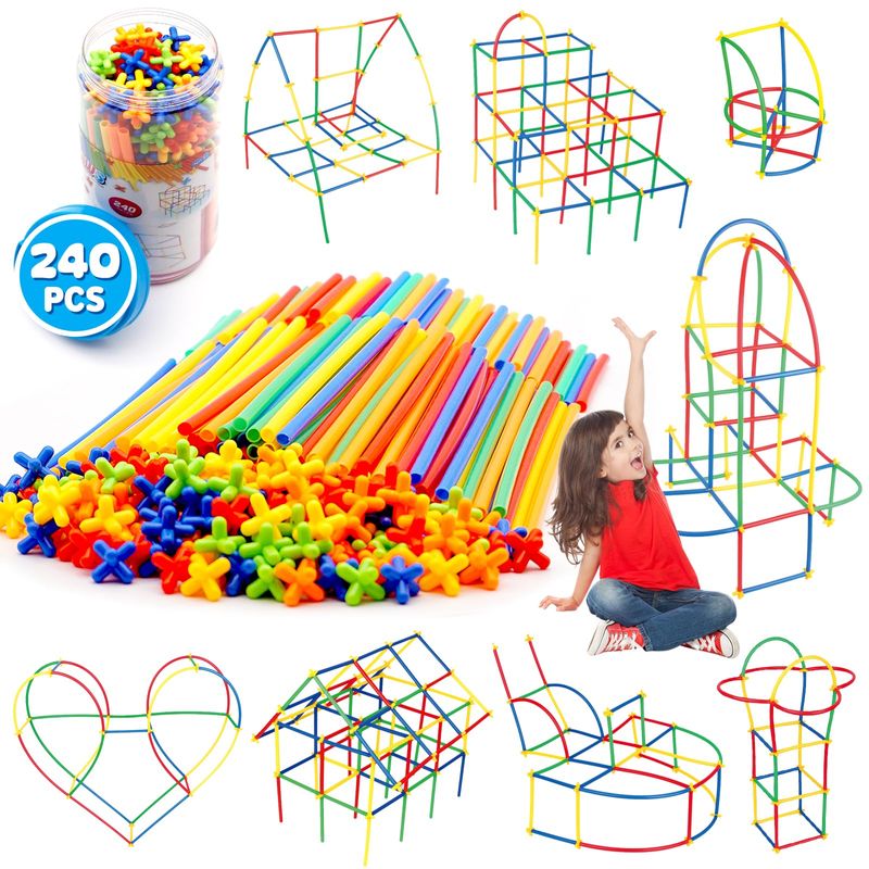 WYSWYG 240 Pieces Reusable Construction Tubes and Connectors Toys, Den Fort Building Kit for ...