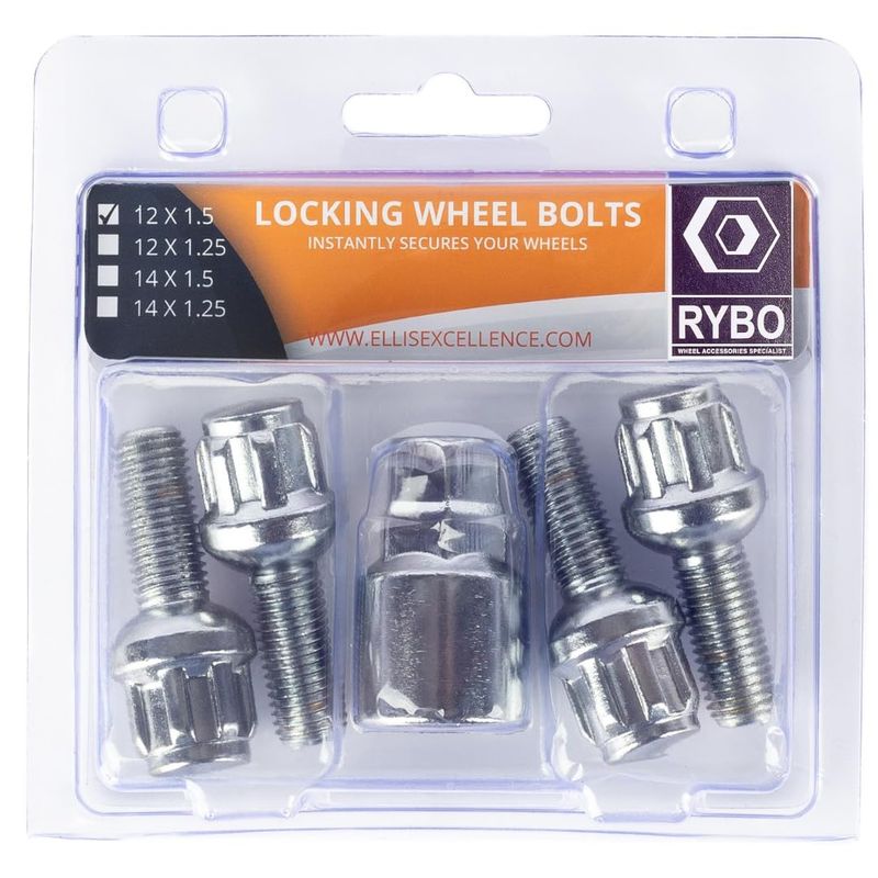 RYBO Set of 4 M12 x 1.5 Radius Seat Alloy Wheel Locking Bolts (Chrome ...