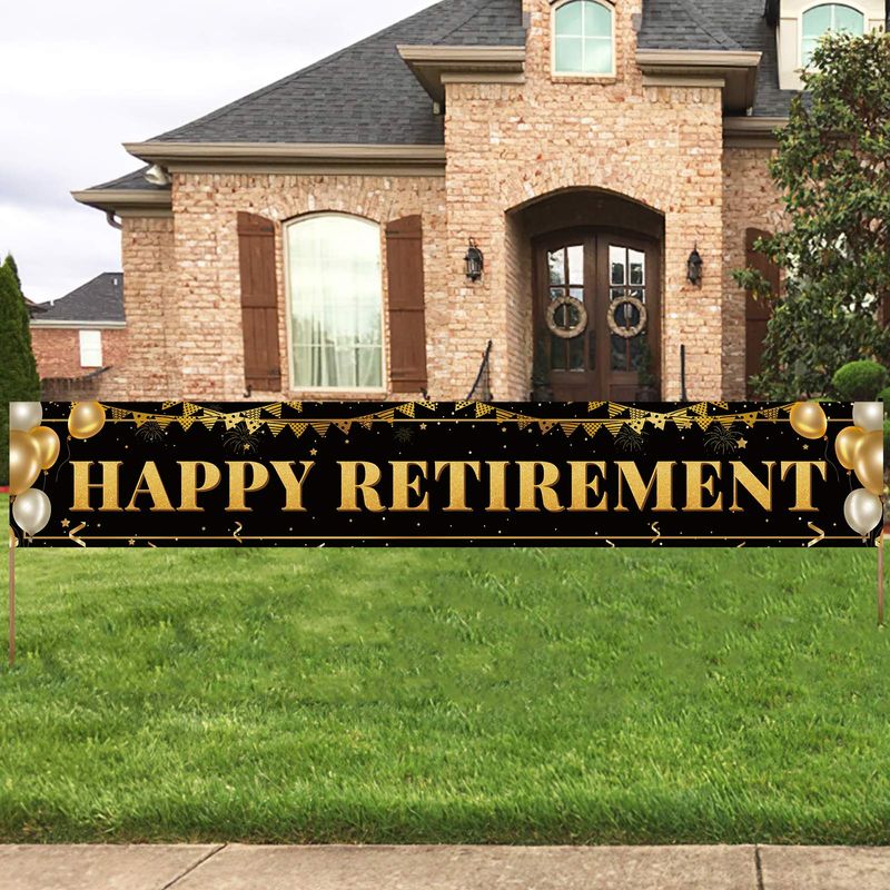 ANATANOWOR Large Happy Retirement Decoration Banner, Black and Gold ...