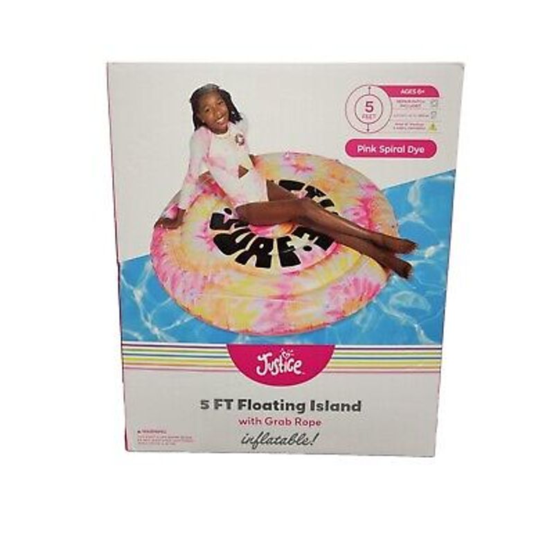 Justice 5ft Floating Island Pool Float w/ Grab Rope, Pink Spiral Tie ...