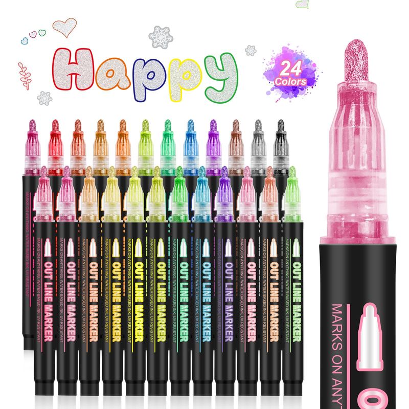 ATDOALL Double Line Outline Markers, 24 Colors Self-Outline Metallic ...