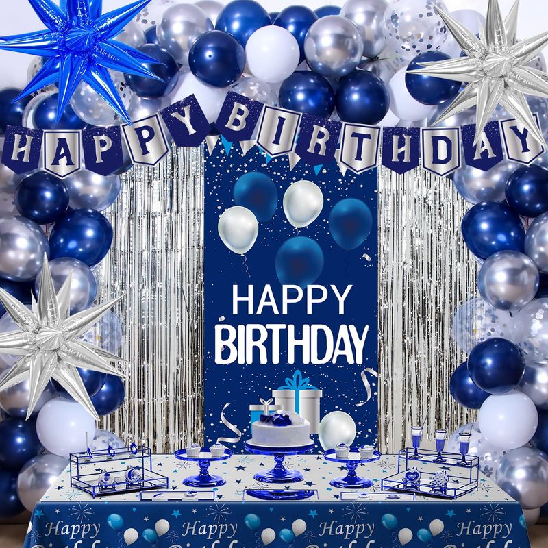Blue Birthday Decorations for Men Women, Happy Birthday Decorations for Boys Blue Silver Happy ...