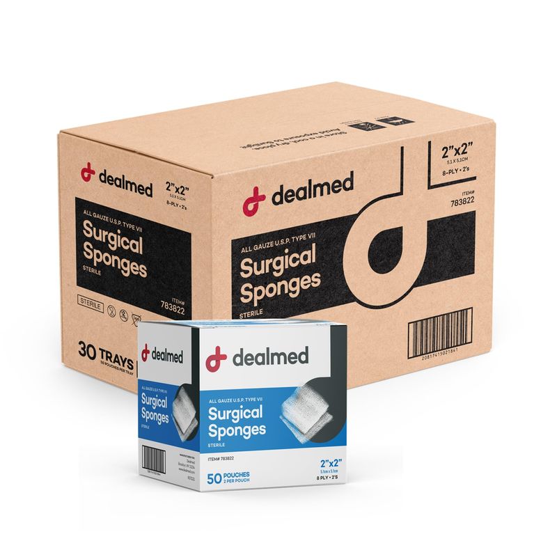 Dealmed 2" x 2" All Gauze Surgical Sponges, 8-Ply Sterile Woven Gauze ...