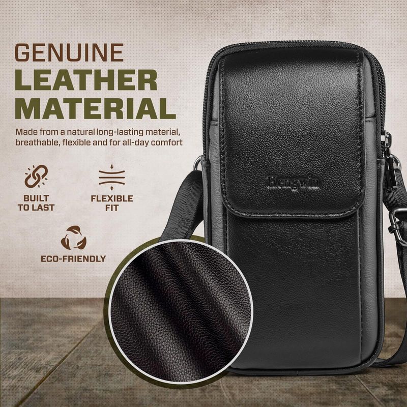 Hengwin Multifunctional Genuine Leather Double Zip Bags Men Vintage ...