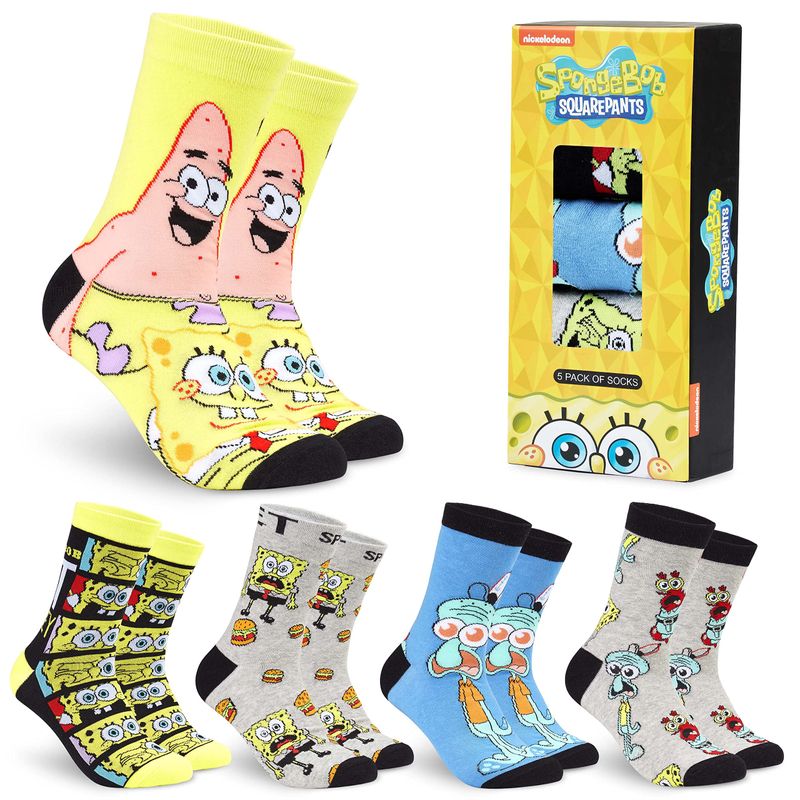 SPONGEBOB SQUAREPANTS Funny Men's Socks, Pack of 5, Sponge Head ...