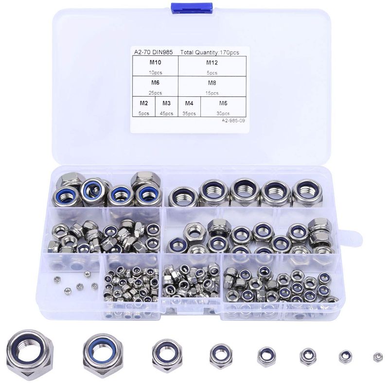 HAUSPROFI 170 Pcs Lock Nuts A2 Stainless Steel Locknut, 8 Sizes M2-M12 Nylon Insert Hex Nut Set ...