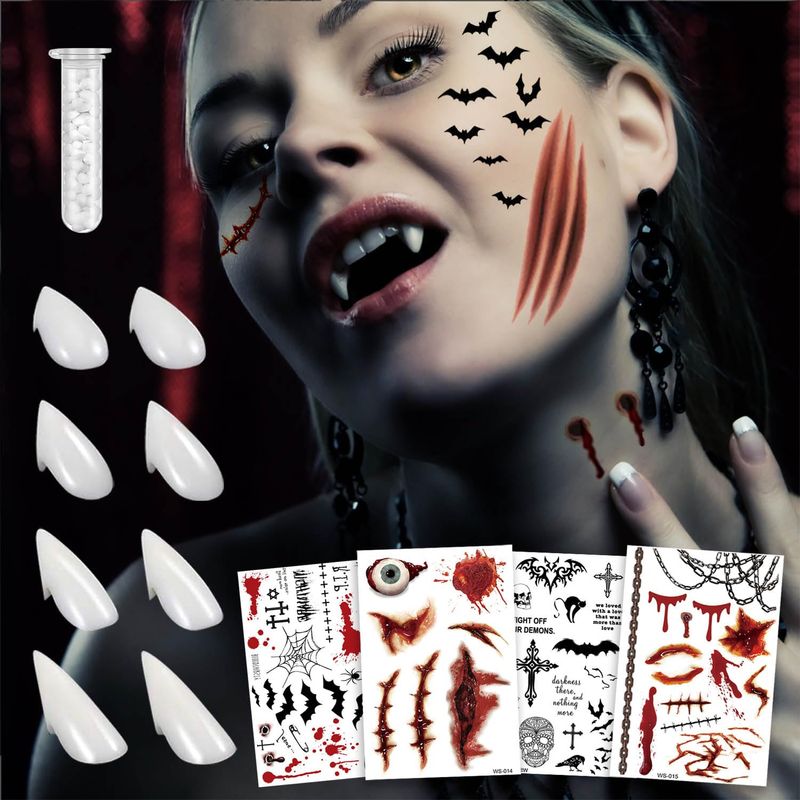 4Pairs Vampire Teeth+6 Sheets Oversized Fake Tattoos,Halloween Vampire ...