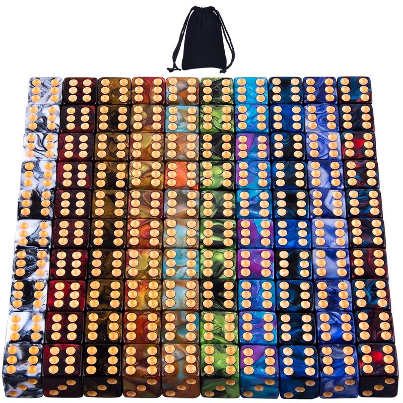 AUSTOR 100 Pcs 6 Sided Dice Set 10 Two Tone Colors Dice with Gold Pips ...