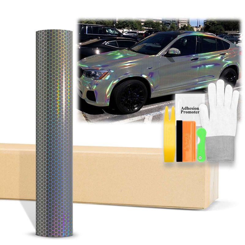 20"x60" (1.6FTx5FT) Nardo Gray Hex Holographic Rainbow Neo Chrome Gloss ...