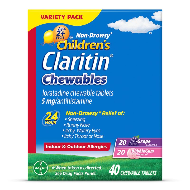 Claritin Children’s Chewables, 24-Hour Non-drowsy Kids Allergy Relief in Grape & Bubble Gum ...