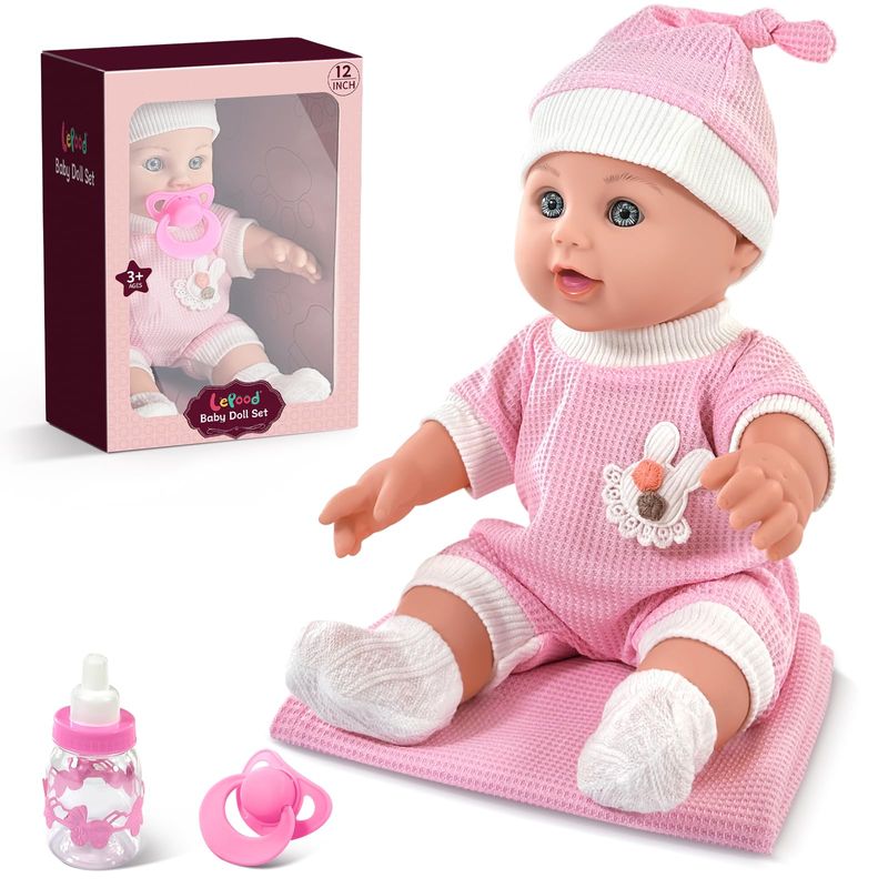 12'' Baby Doll for Toddlers 1-3, Baby Doll Set with Accessories includes Pink Clothes, Pacifier ...