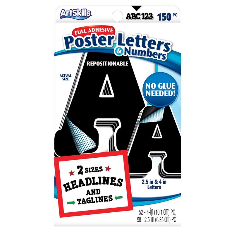 ArtSkills Paper Poster Letters and Numbers for Projects and Crafts, 4" and 2.5", Black, 150 ...