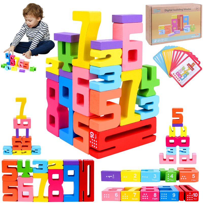 Pipihome Number Blocks Montessori Toy, Number Building Blocks, Wooden ...