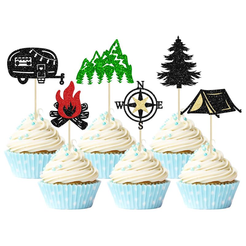 24Pcs Happy Camper Cupcake Toppers Glitter Tree Campfire Tent Car ...