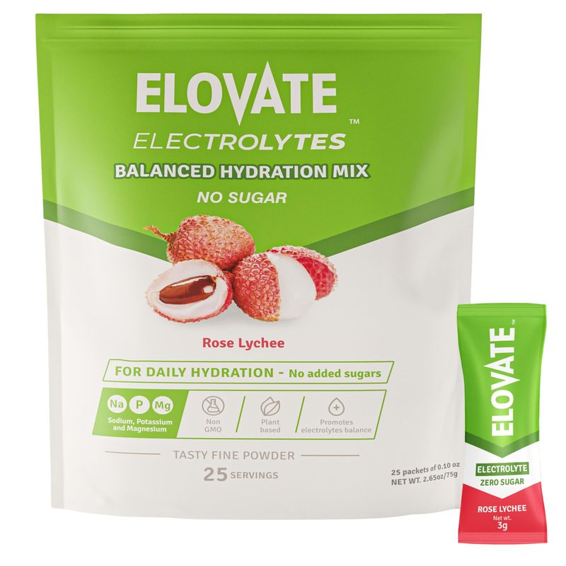 ELOVATE Zero Sugar Electrolyte Drink Mix, 25 Packets, Lychee Flavor, 3g ...