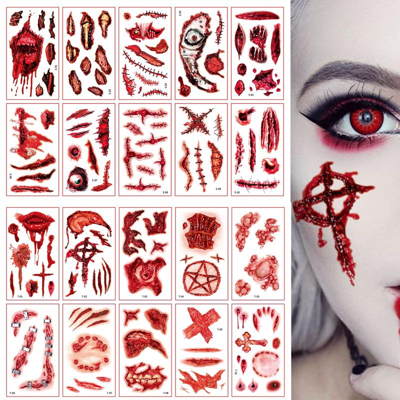 20 Sheets Halloween Scar Tattoos Horror Realistic Fake Bloody Wound ...