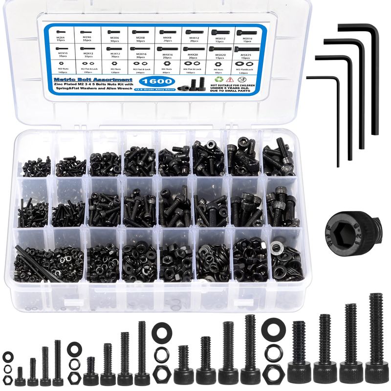 SATANTECH 1600PCS Metric Screw Assortment M2 M3 M4 M5, Grade 12.9 Alloy Steel Metric Bolts and ...