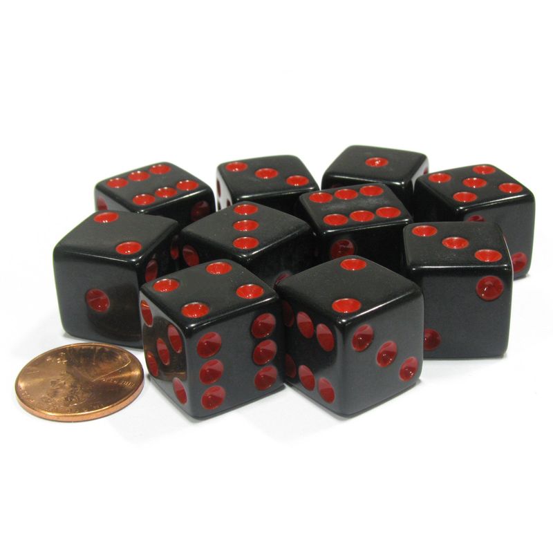 Set of 10 Six Sided Square Opaque 16mm D6 Dice - Black with Red Pip Die ...