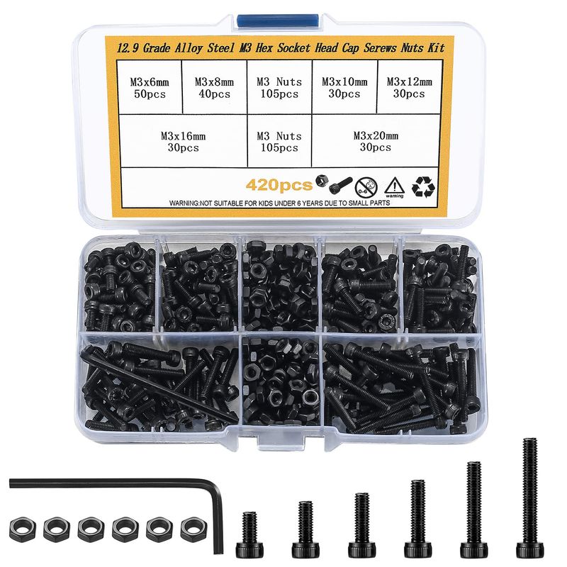 420 Pcs Metric M3 Hex Socket Head Cap Screws Bolts and Nuts, Carbon ...
