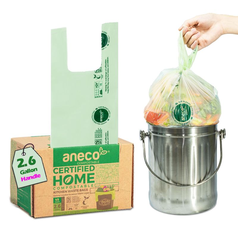 ANECO 100% Compostable Food Waste Bags 2.6 Gallon With Handles, Small ...