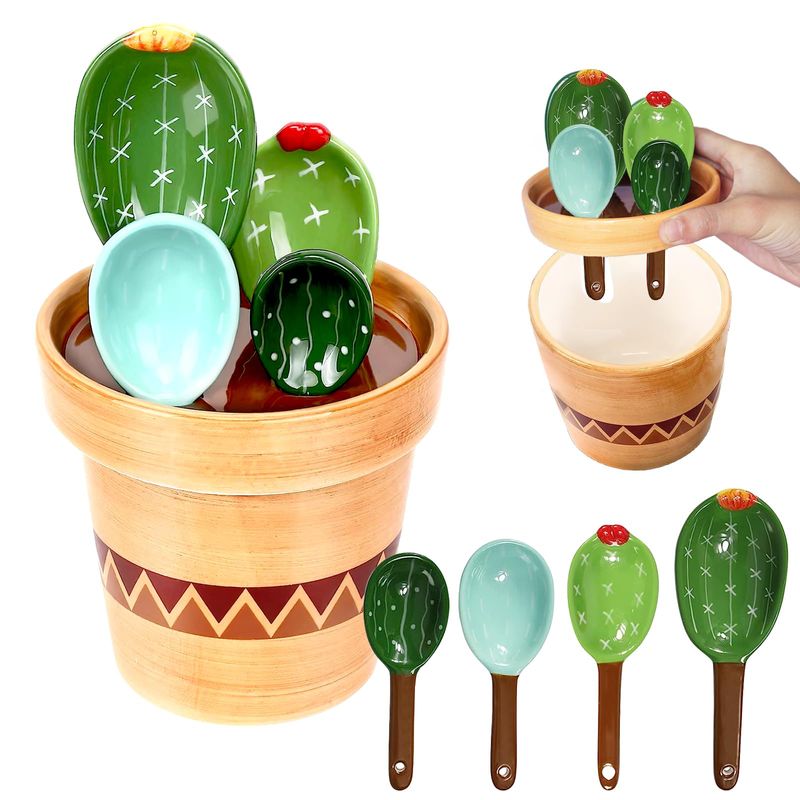 BigNoseDeer Ceramic Cactus Measuring Cups and Spoons Set Organizer ...
