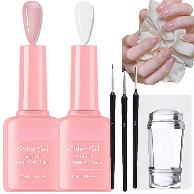 2PCS French Manicure Kit,Pink White Gel Nail Polish Set for French ...