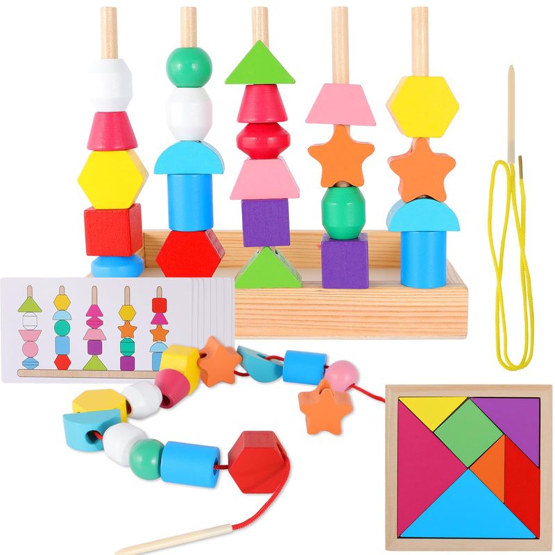 ZHXGO Wooden Beads Sequencing Toy Set, Lacing Beads Building Blocks ...