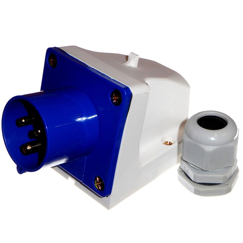 16 Amp 3 Pin Blue IP44 Appliance Inlet with Gland 2PE - Single Phase ...