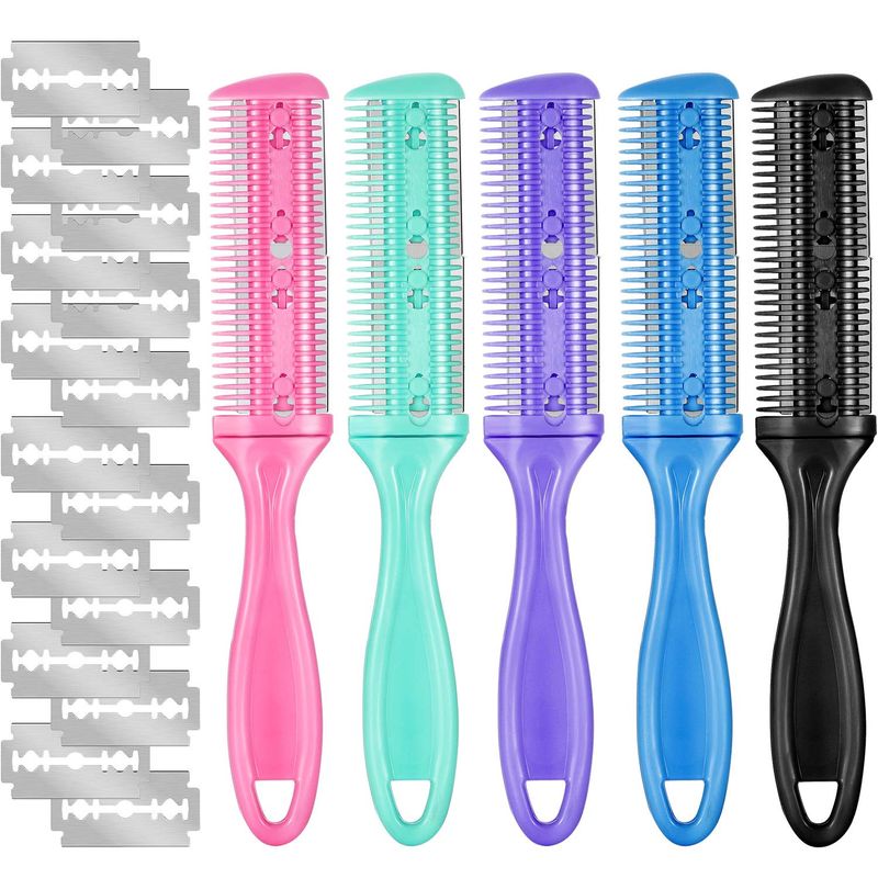 5 Pieces Dual-Sided Cutting Scissors, 20 Razors, and Thinning Comb with ...