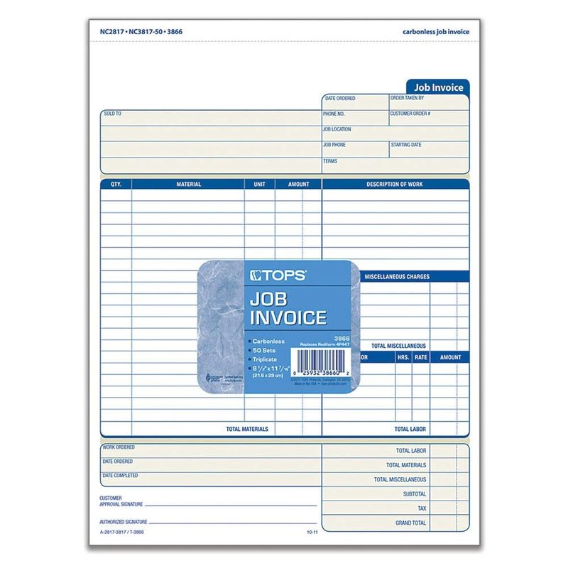 TOPS Job Invoice with Materials List, 3-Part, Carbonless, 8.5 x 11 ...