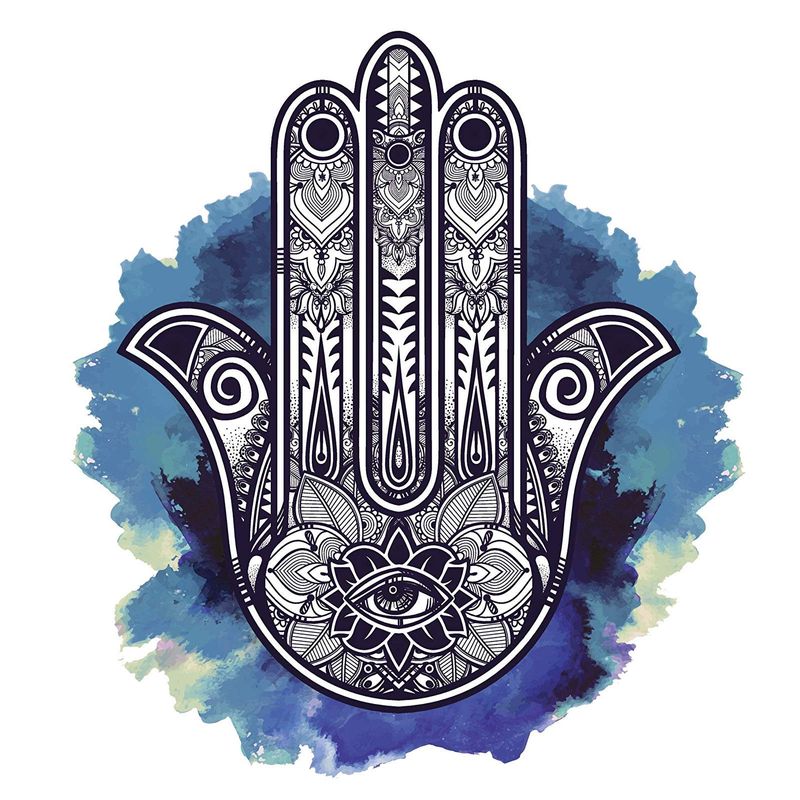 EW Designs Black and White Hamsa with Lotus Henna and Blue Watercolor ...