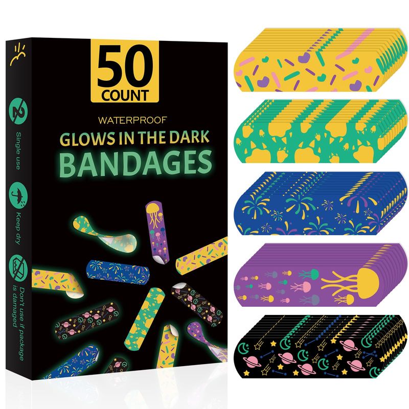 50 Count Kids Bandaids, Glow in The Dark & Waterproof Bandages, One ...
