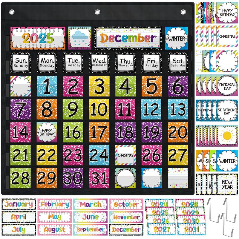 Bulyoou 119 Pcs Classroom Calendar Pocket Chart Black Monthly Bulletin ...