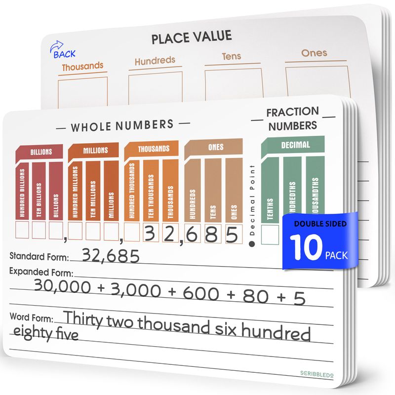 SCRIBBLEDO Place Value Chart Math Practice 9”x12” Small White Board Dry ...