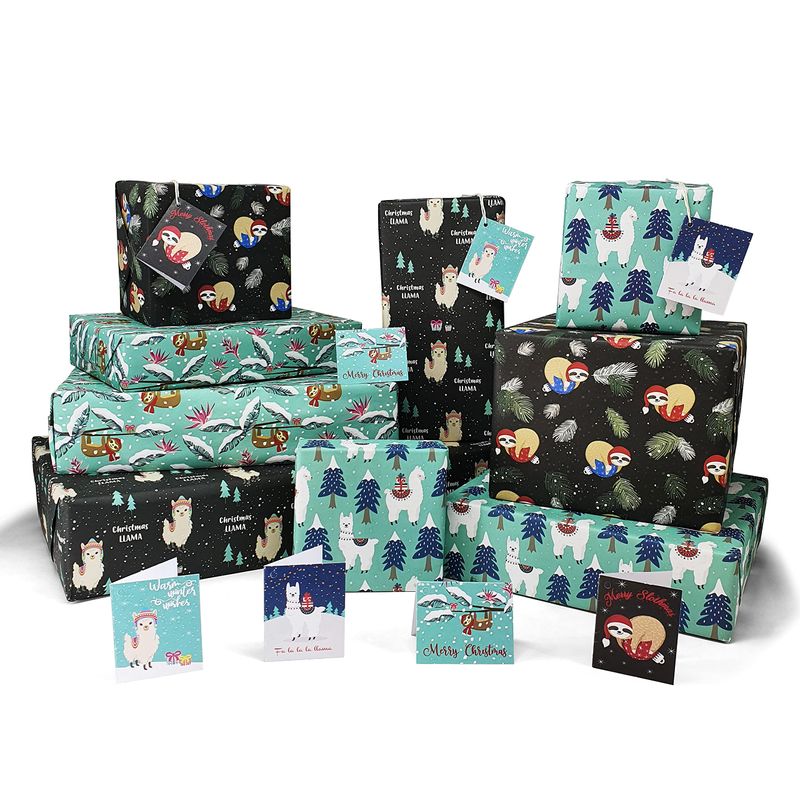 Sloth & Llama Recycled Christmas Wrapping Paper Set with 8 Sheets & 8 ...