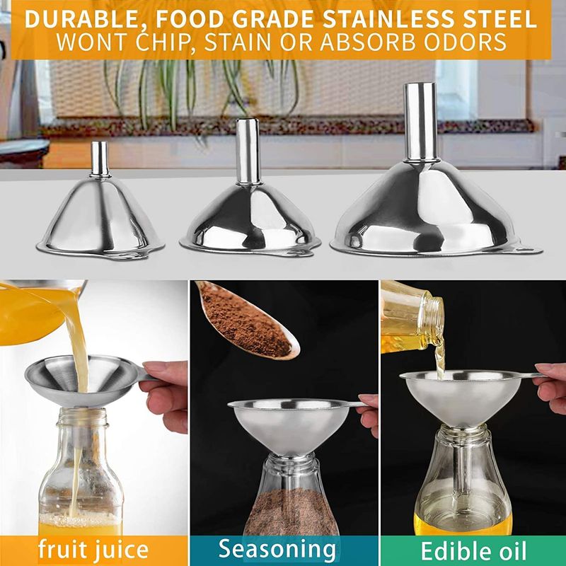 zukent 3Pcs Funnel Set Stainless Steel Funnels Kitchen Strainer Funnel ...