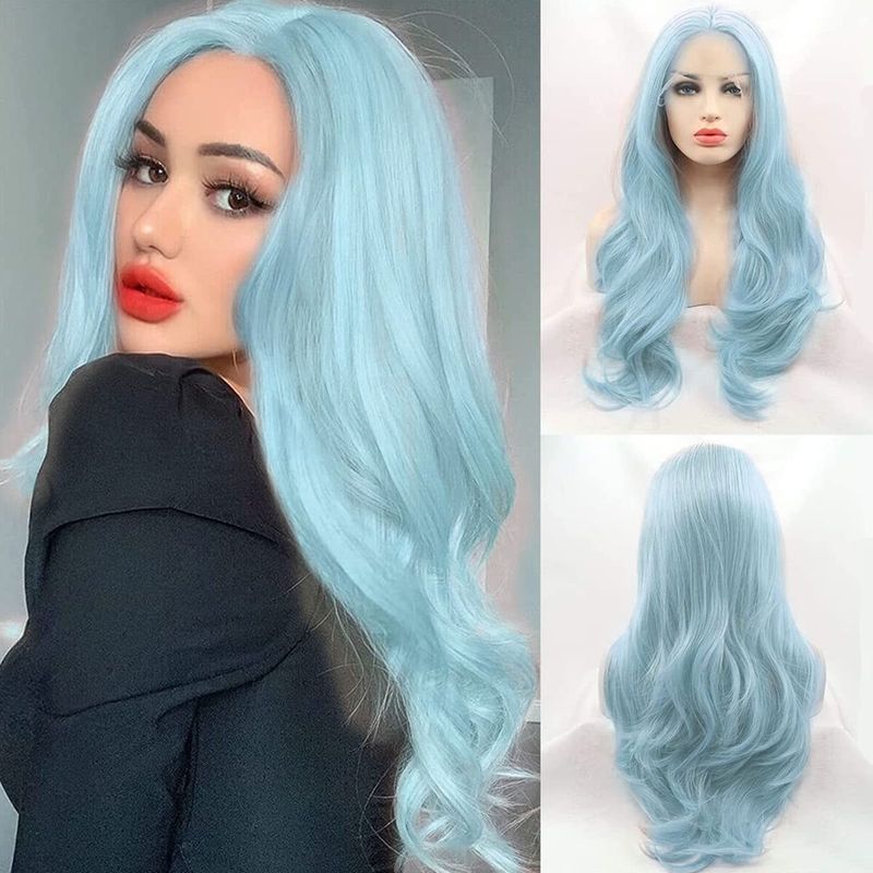Blue Wig for Women Light BlueLong Wavy Lace Front Wig Pre Plucked ...