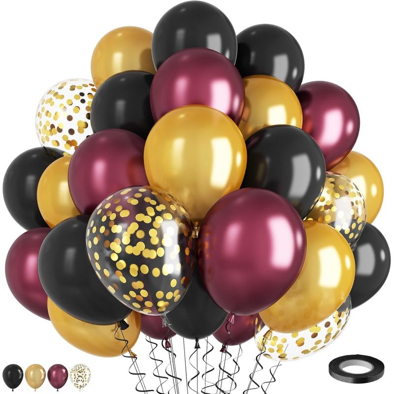 Black Burgundy Gold Balloons, 60Pcs Maroon Black Metallic Gold Confetti ...