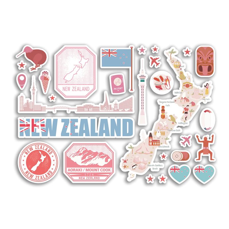 A5 Sticker Sheet New Zealand Pink Landmarks Vinyl Stickers - Map ...