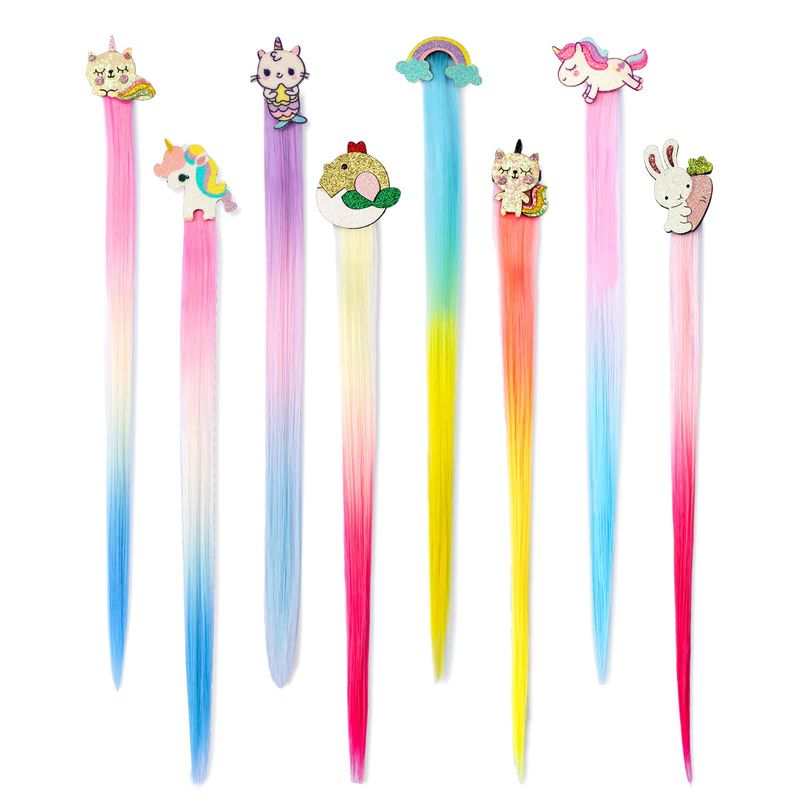 8 Pieces Hair Clips for Girls, Animal Straight Rainbow Hair Extensions ...