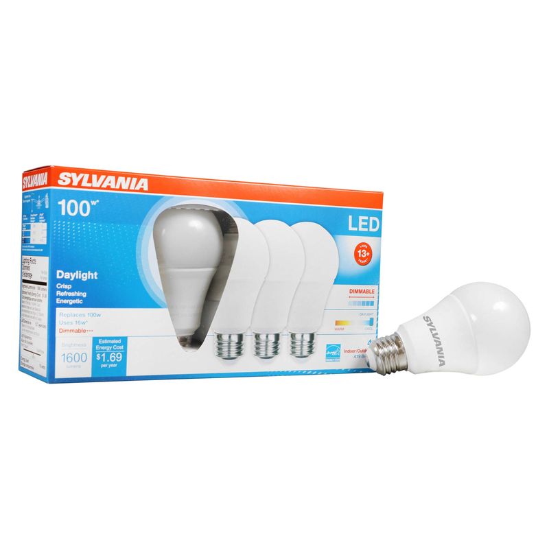 SYLVANIA LED A19 Light Bulb, 100W Equivalent, Efficient 16W, Dimmable, 1600 Lumens, Frosted ...