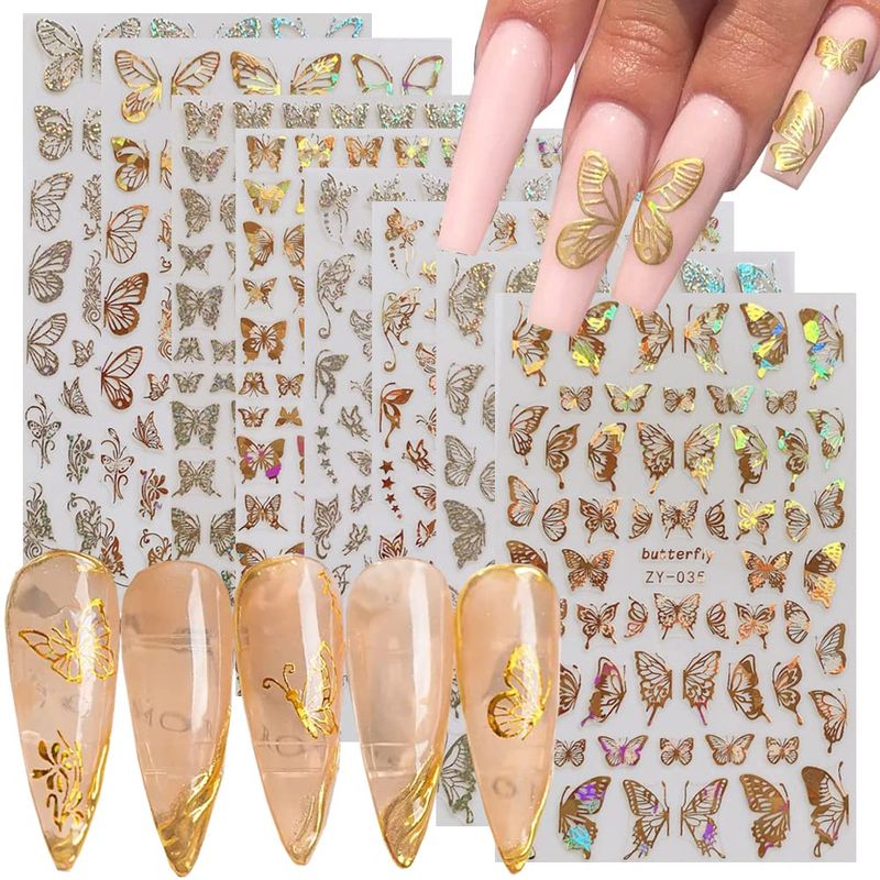 8 Sheets Butterfly Nail Art Stickers Gold Nail Decals,3D Luxury Nail ...