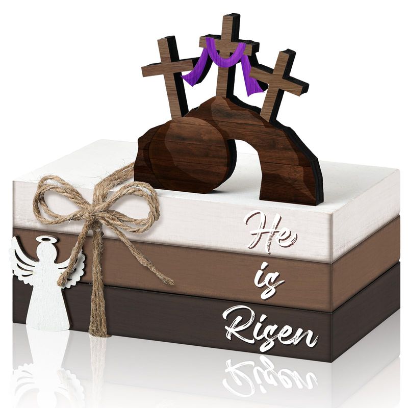 4 Pcs Easter Tiered Tray Decor He is Risen Wooden Sign Religious Cross ...