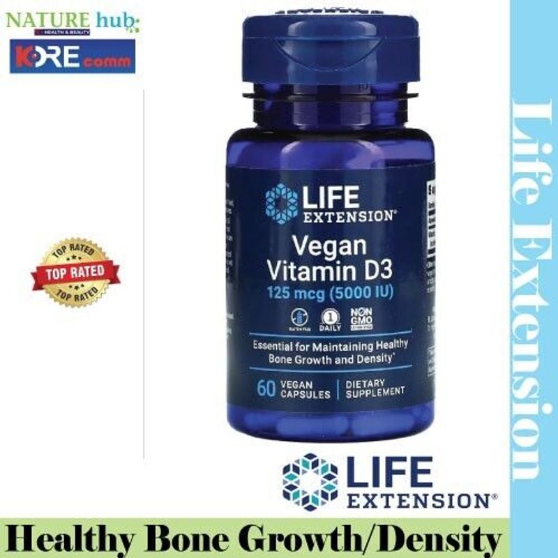 Life Extension, Vegan Vitamin D3, 125 mcg (5000 IU), 60 Vegan Capsules ...