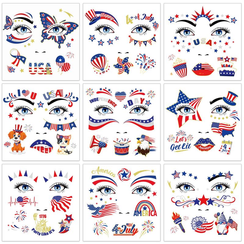 HOWAF 9 Sheets 4th of July Glitter Face Tattoos, Independence Day Face Art Temporary Tattoo for ...