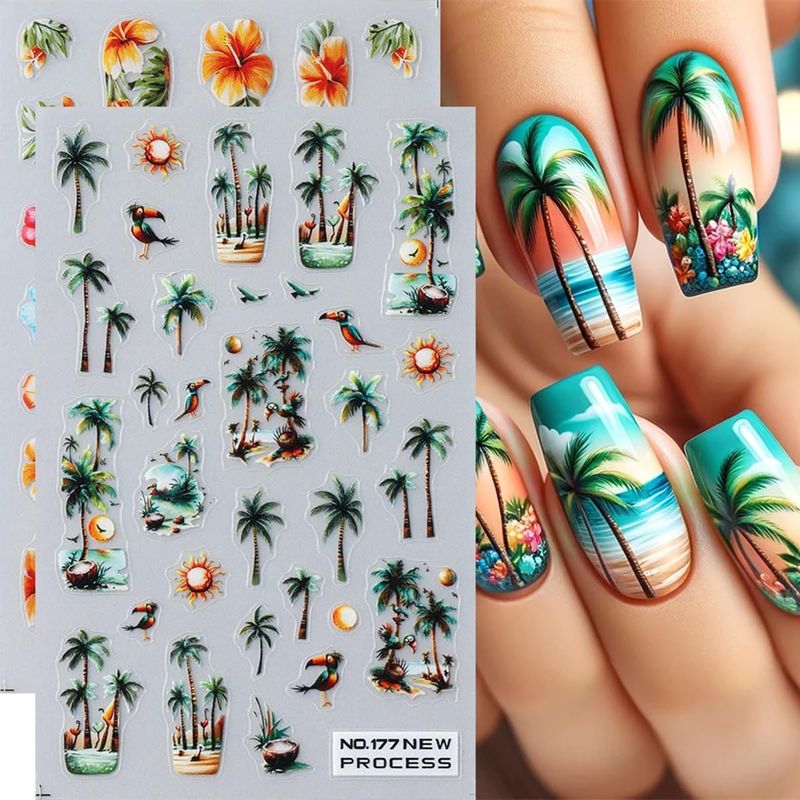Summer Coconut Tree Nail Art Stickers Decals 2Pcs Palm Tree Flamingo ...