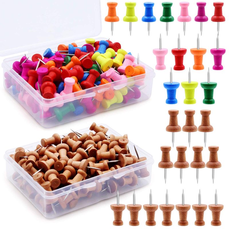 BEIJITA Wooden Push Pins, 100 Pcs Wooden Thumb Tacks and 100 Assorted ...