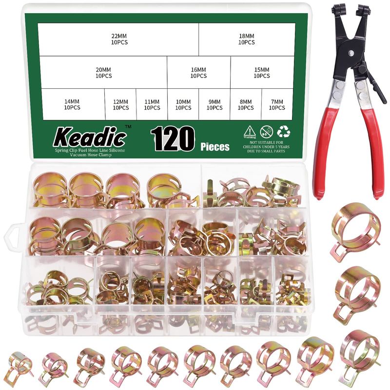 Keadic 121 Pcs 12 Sizes [6-22mm] Spring Hose Clamp Assortment Set with ...