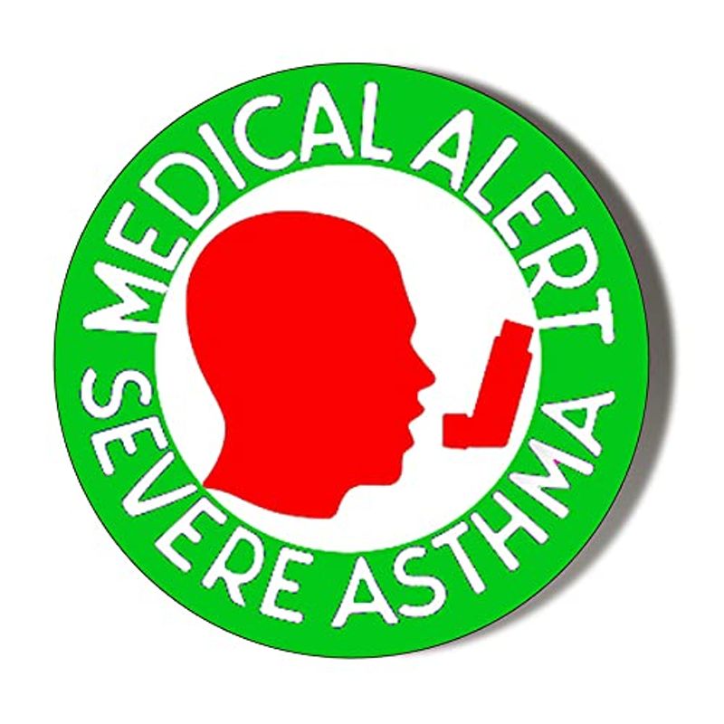 Medical Alert, Severe Asthma, RED Head and Inhaler, Green Background ...
